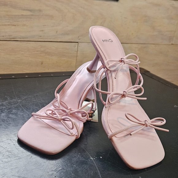 Mango | Shoes | Bow Kitten Heel Leather Pastel Pink Strappy Sandal ...
